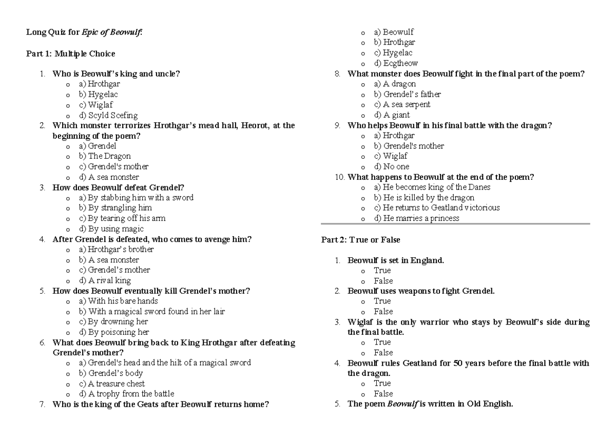 Epic of Beowulf - quiz - Long Quiz for Epic of Beowulf: Part 1 ...