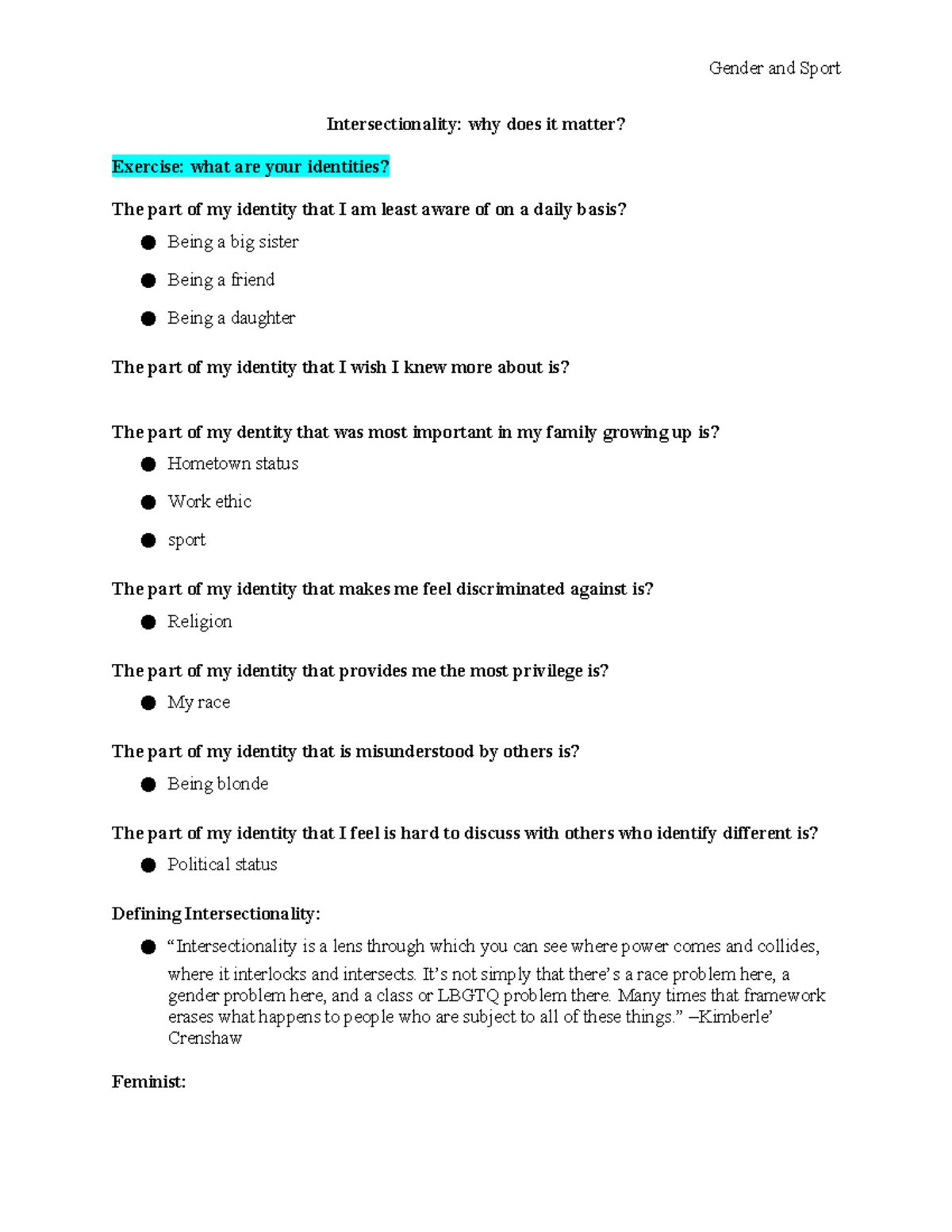 Intersectionality - Notes - Gender and Sport Intersectionality: why ...