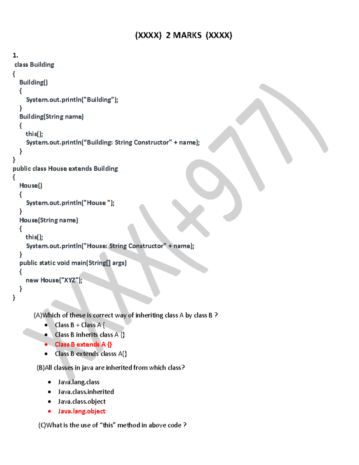 JAVA MST-1 - Jjjj - (XXXX) 2 MARKS (XXXX) 1. class Building { Building() { - Studocu