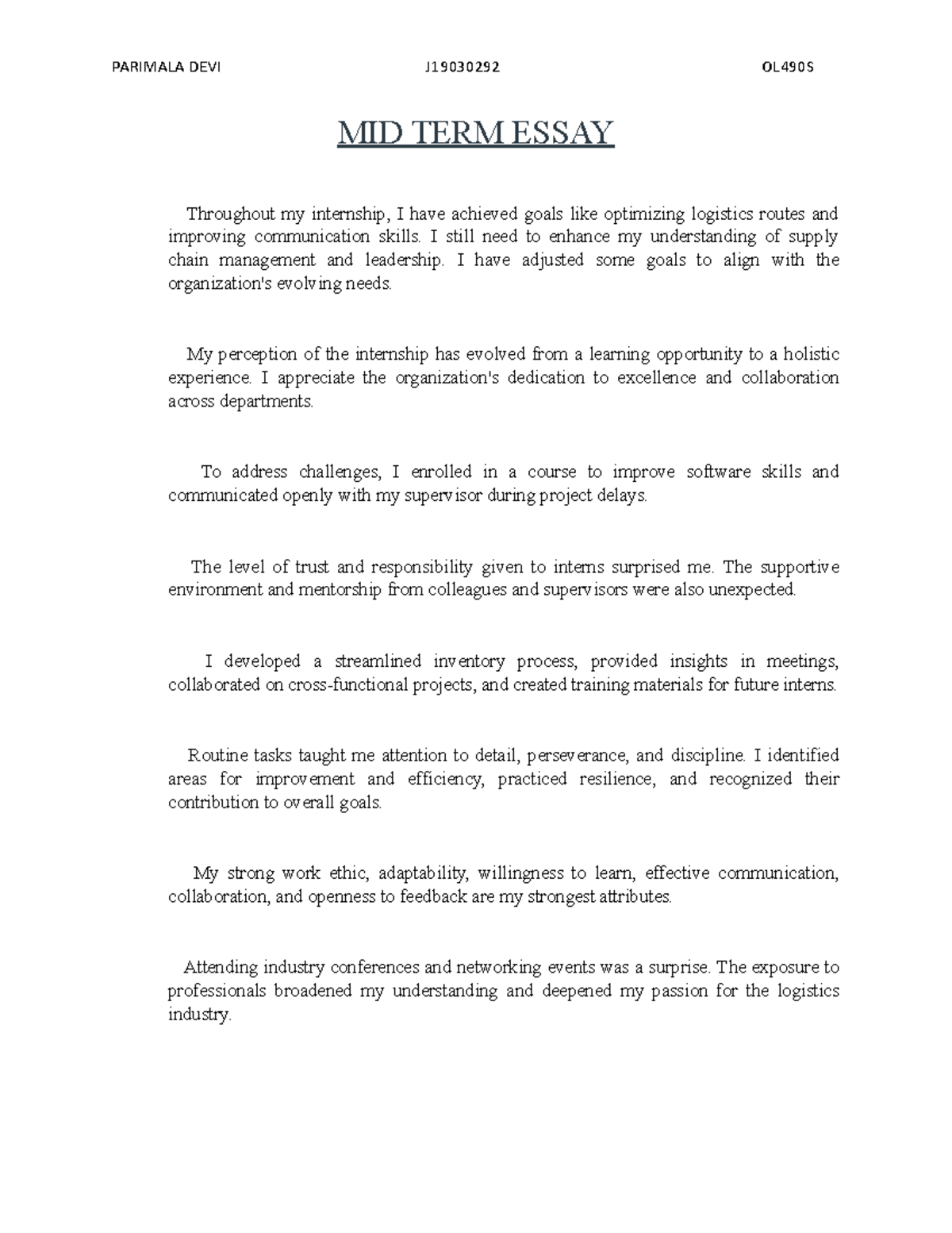 Parimala DEVI J19030292 BA1 OL490S Midterm Essay - PARIMALA DEVI J19030292 OL490S MID TERM ESSAY ...