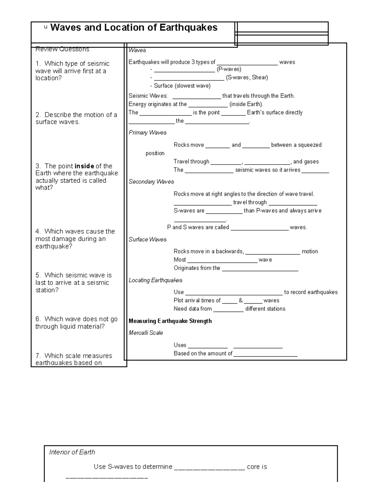 Copy of Waves and Locating Earthquakes Note Sheet - u Interior of Earth ...