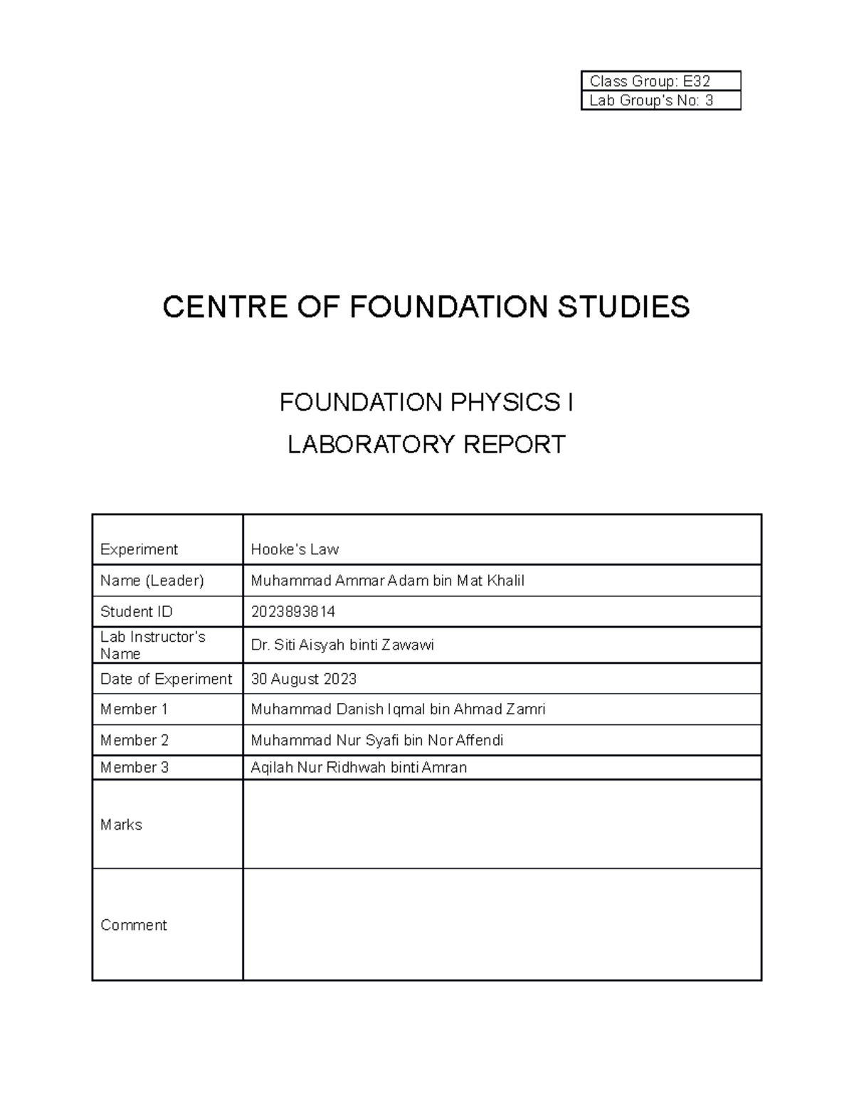 Lab Report (2) Group 3 - Lab pyhsic hooke law - CENTRE OF FOUNDATION STUDIES FOUNDATION PHYSICS ...
