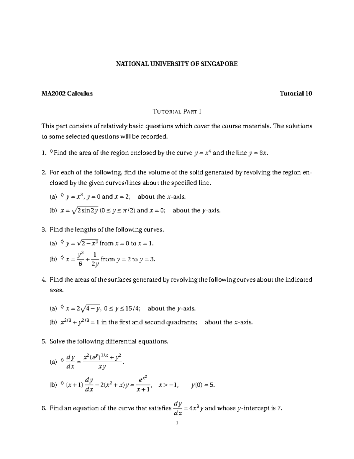 MA2002-Tutorial 10 - tutorial - NATIONAL UNIVERSITY OF SINGAPORE MA2002 Calculus Tutorial 10 ...
