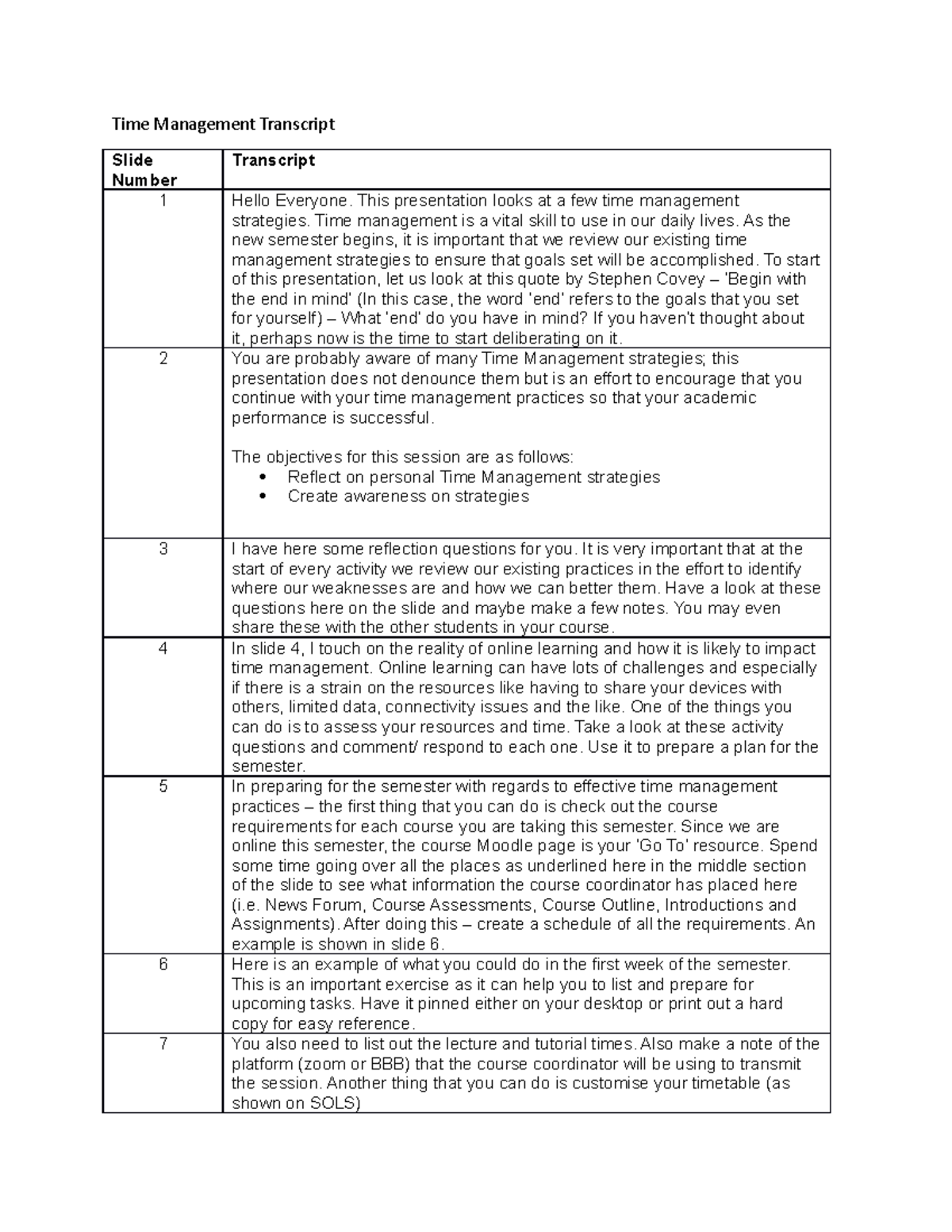 Time Management Transcript - Time Management Transcript Slide Number ...