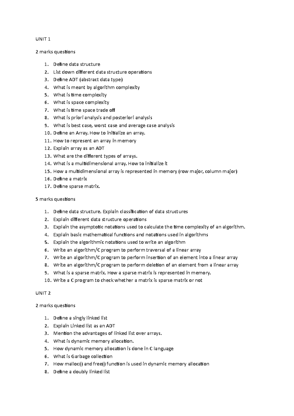 DS-Question Bank - I Internals - UNIT 1 2 marks questions Define data ...