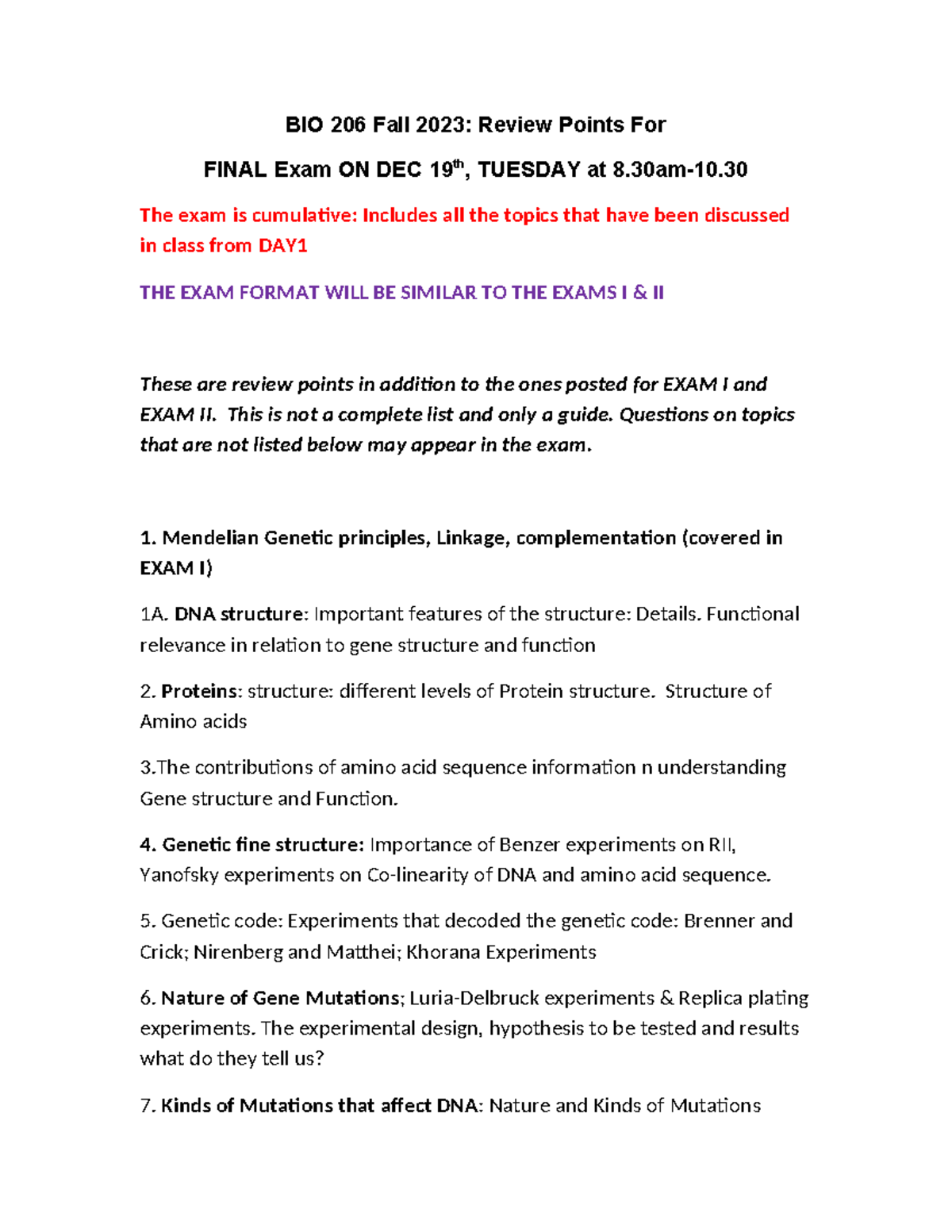 BIO 206-F2023-Review Points FOR Final EXAM - BIO 206 Fall 2023: Review ...