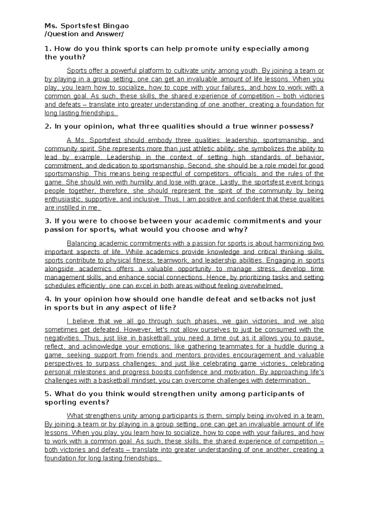 pageant sports questions - Ms. Sportsfest Bingao /Question and Answer ...