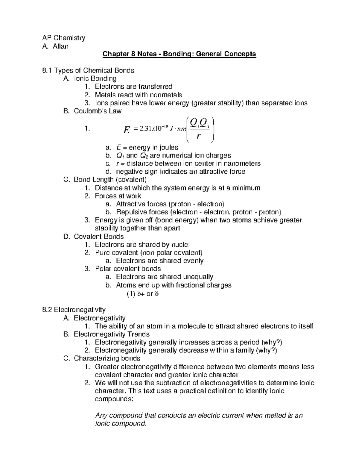 Chap08notes - Summary - AP Chemistry A. Allan Chapter 8 Notes - Bonding ...