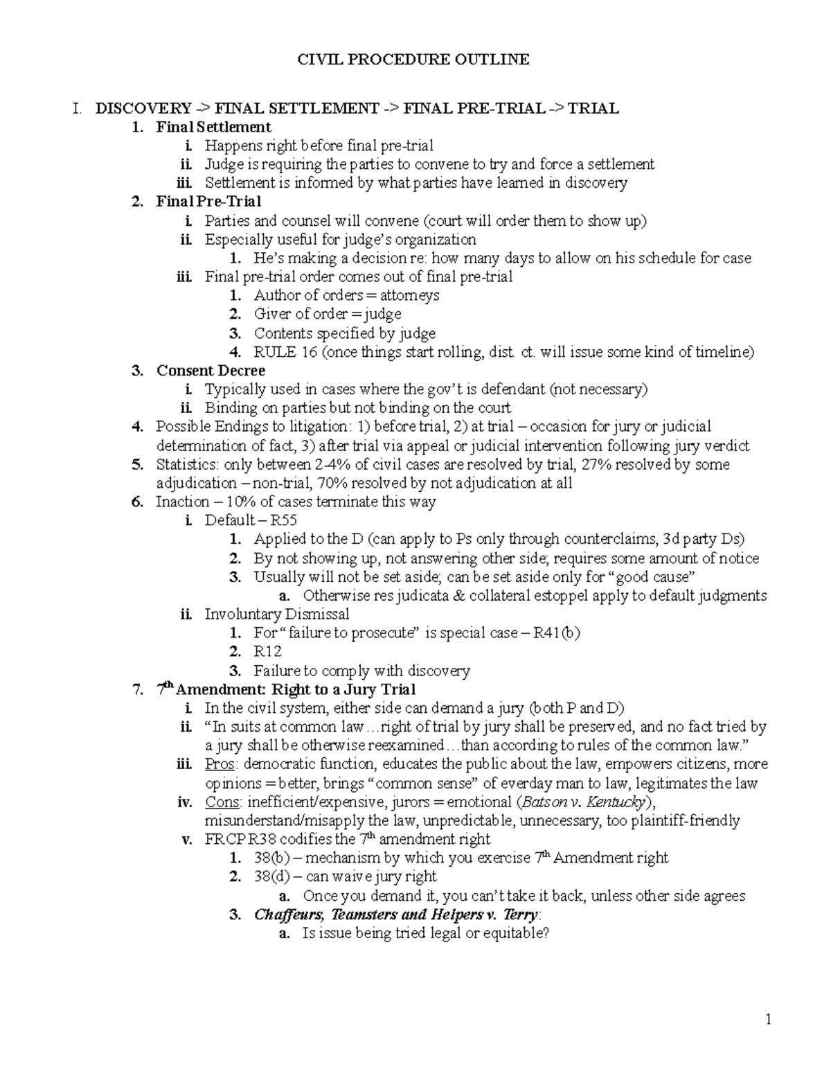 Civil Procedure - Prof Winters 3 - I. DISCOVERY -> FINAL SETTLEMENT ...