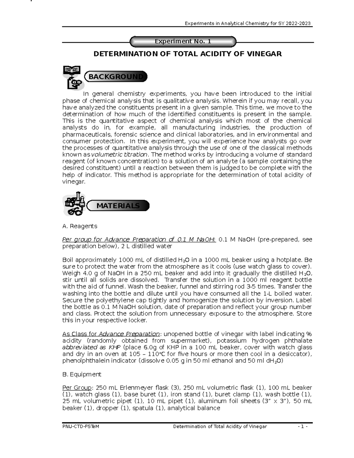 1 Vinegar Analysis - Lab activity sheet - BACKGROUND DETERMINATION OF ...