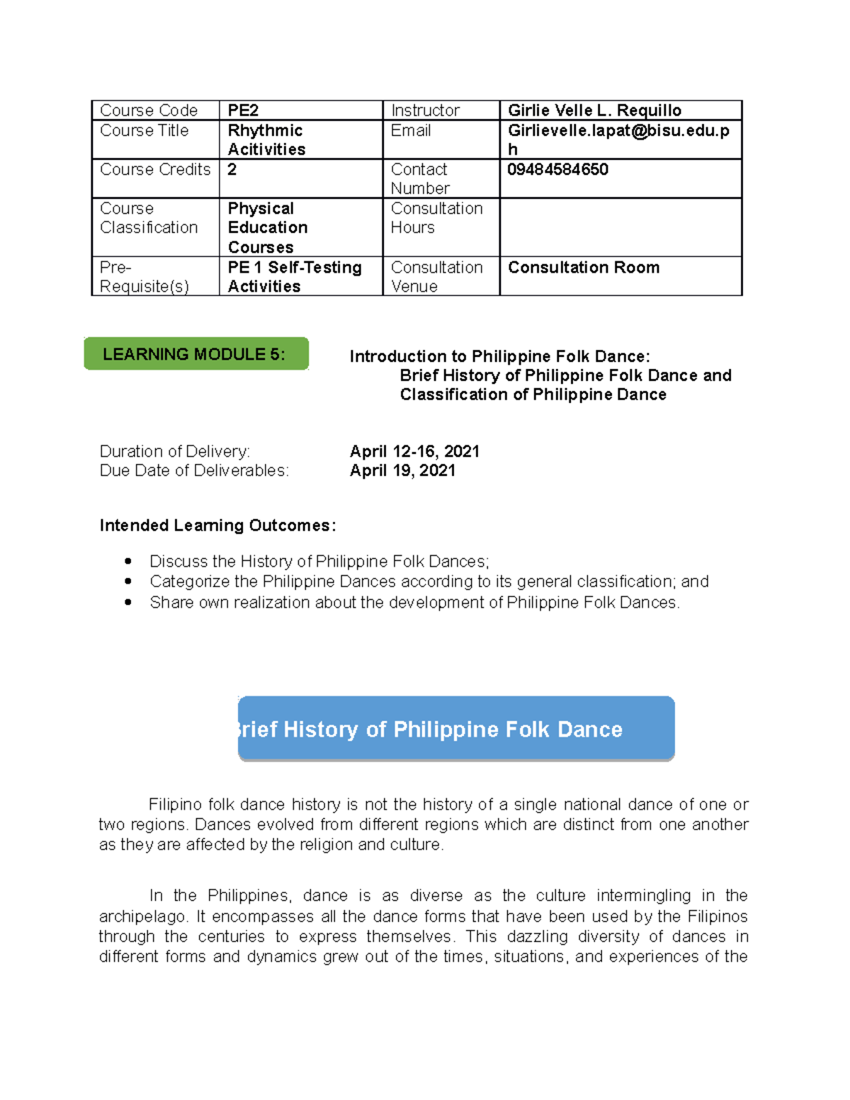 Module 5 - For educational purpose - Course Code PE2 Instructor Girlie ...