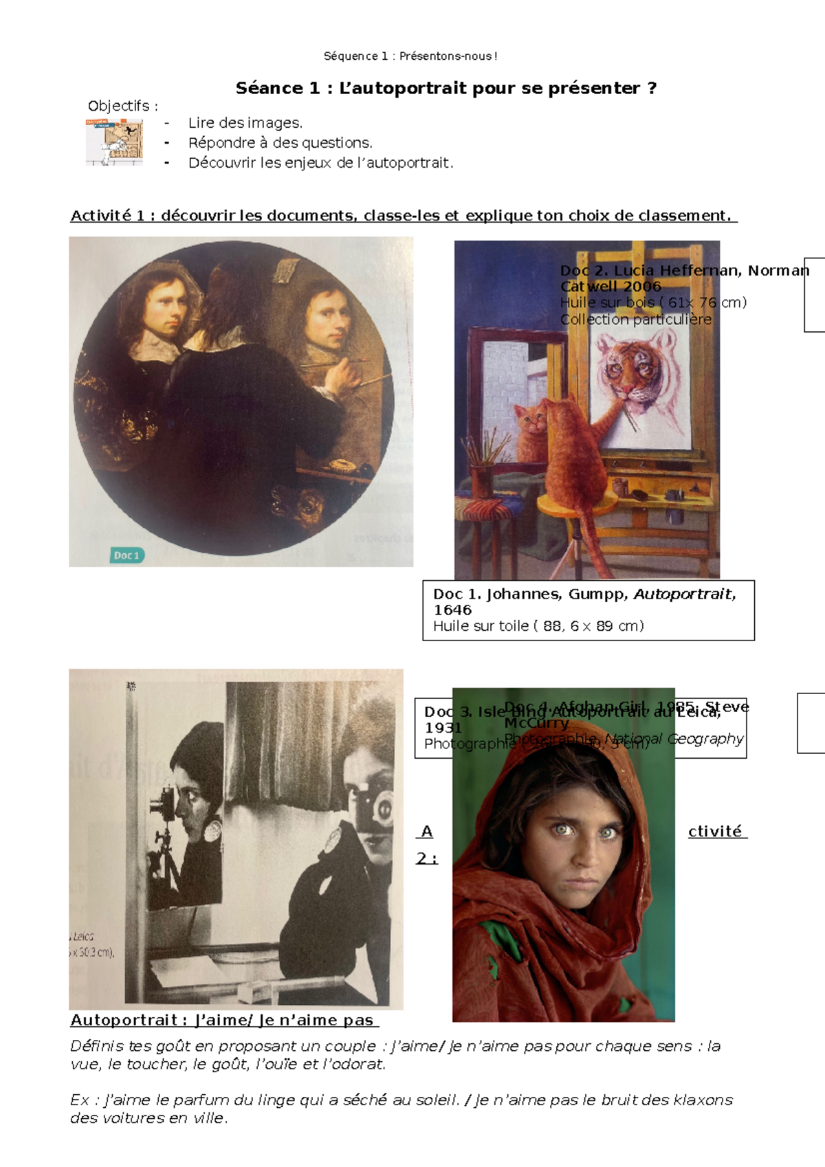 Séance 1. découvrir l'autoportrait - Séquence 1 : Présentons-nous ...