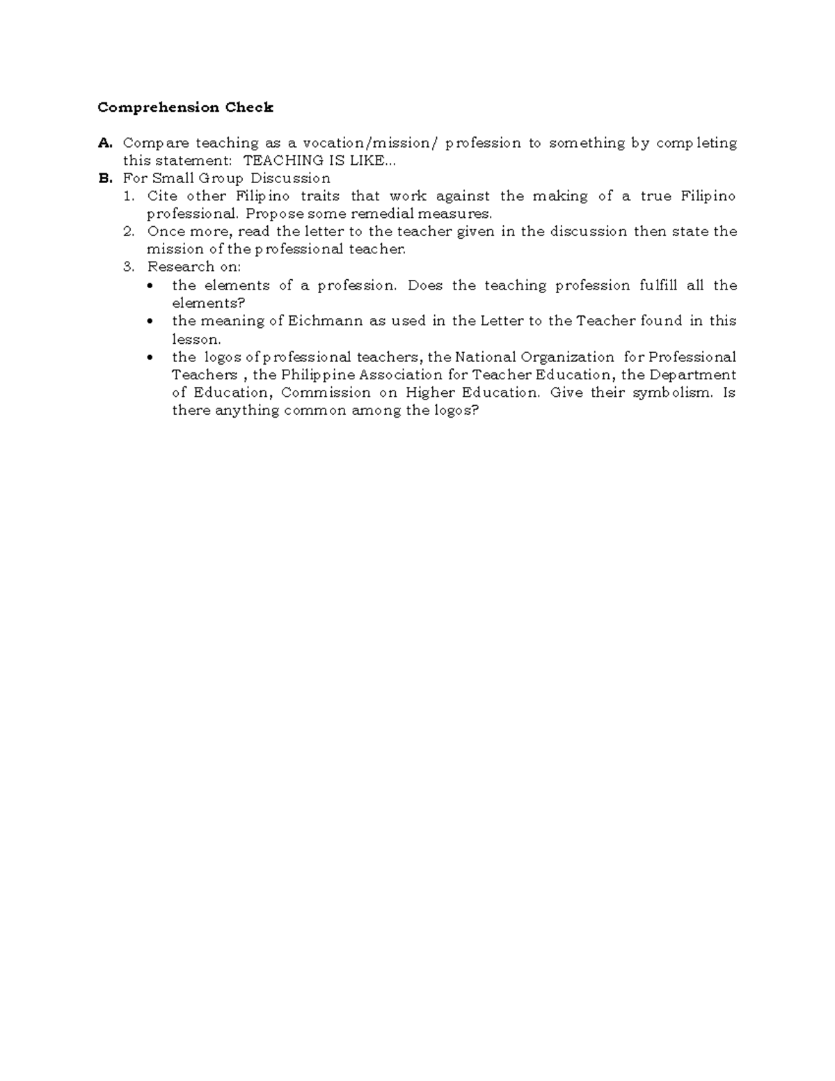 Comprehension-Check-3 - Comprehension Check A. Compare teaching as a ...