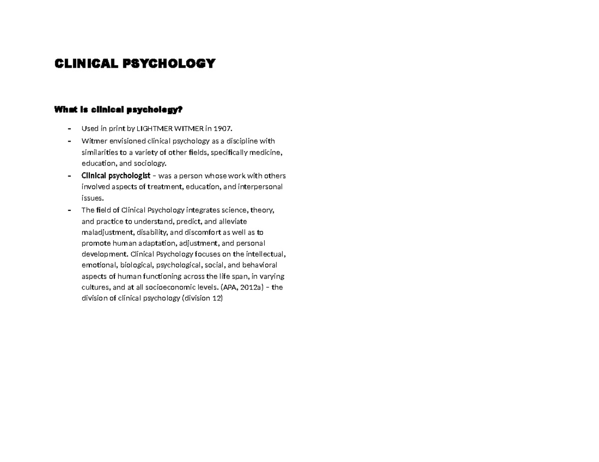 Clinical Psychology Notes - CLINICAL PSYCHOLOGY What is clinical ...