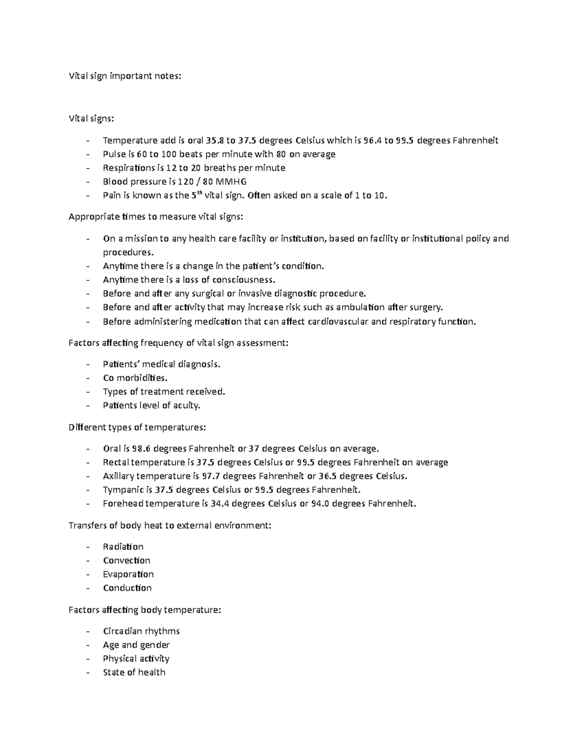 Important vital sign prep - Vital sign important notes: Vital signs ...
