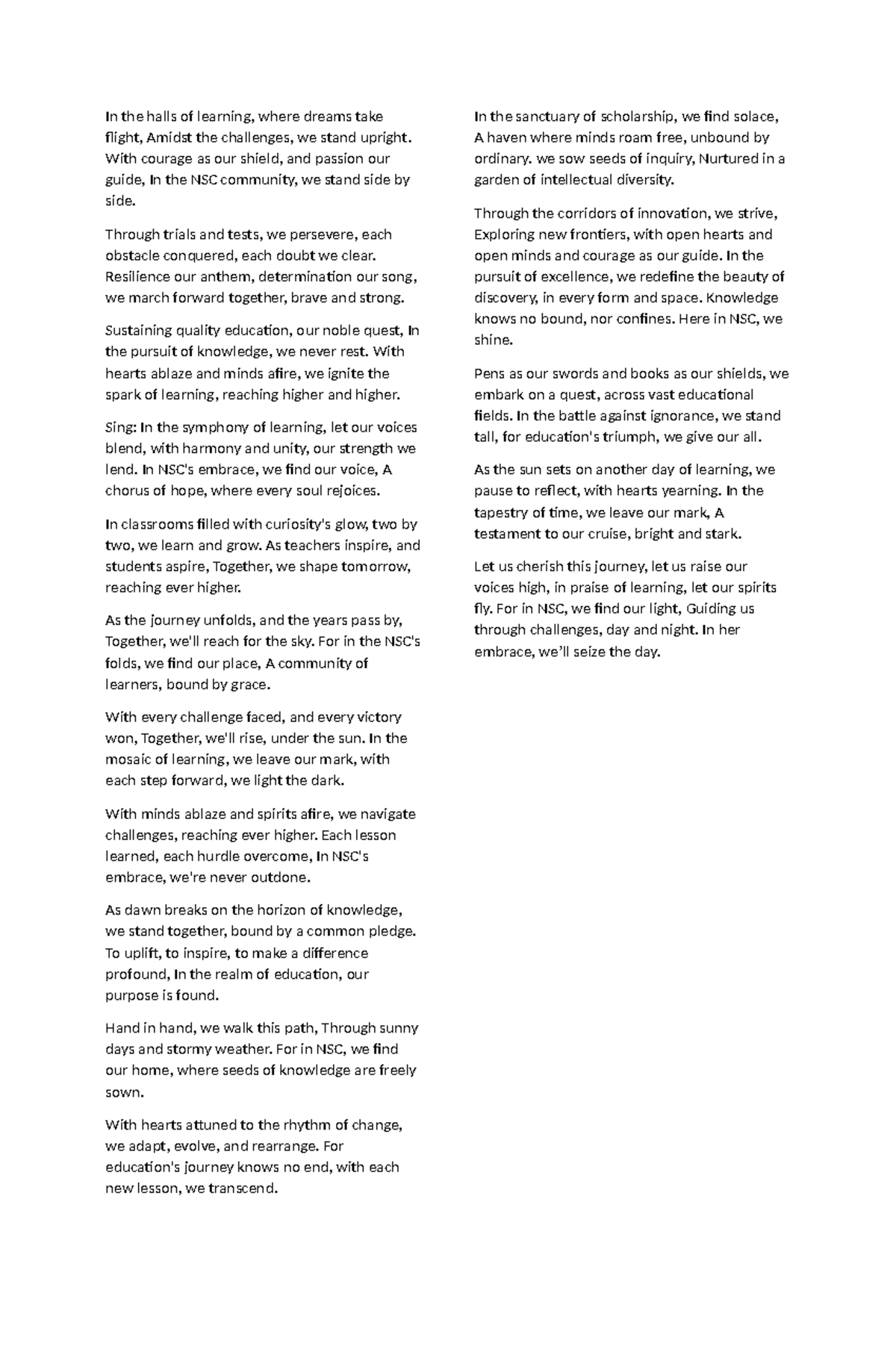 Verse Choir 2 - In the halls of learning, where dreams take flight ...