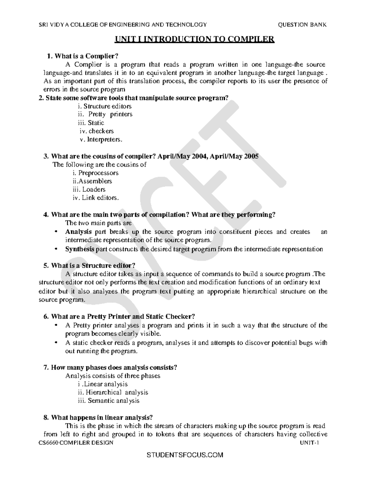 QB104631 Distribution system - CS6660 COMPILER DESIGN UNIT- UNIT I INTRODUCTION TO COMPILER 1 ...
