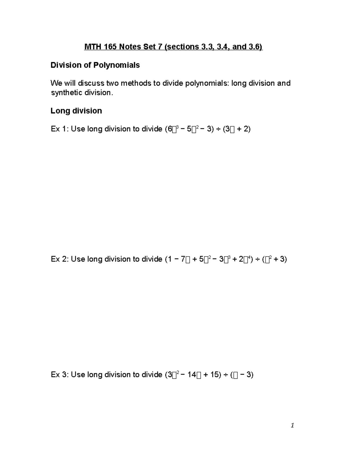 Divide Polynomials Using Synthetic Division MTH 165 Notes Set 7 divide-polynomials-using-synthetic-division-mth-165-notes-set-7