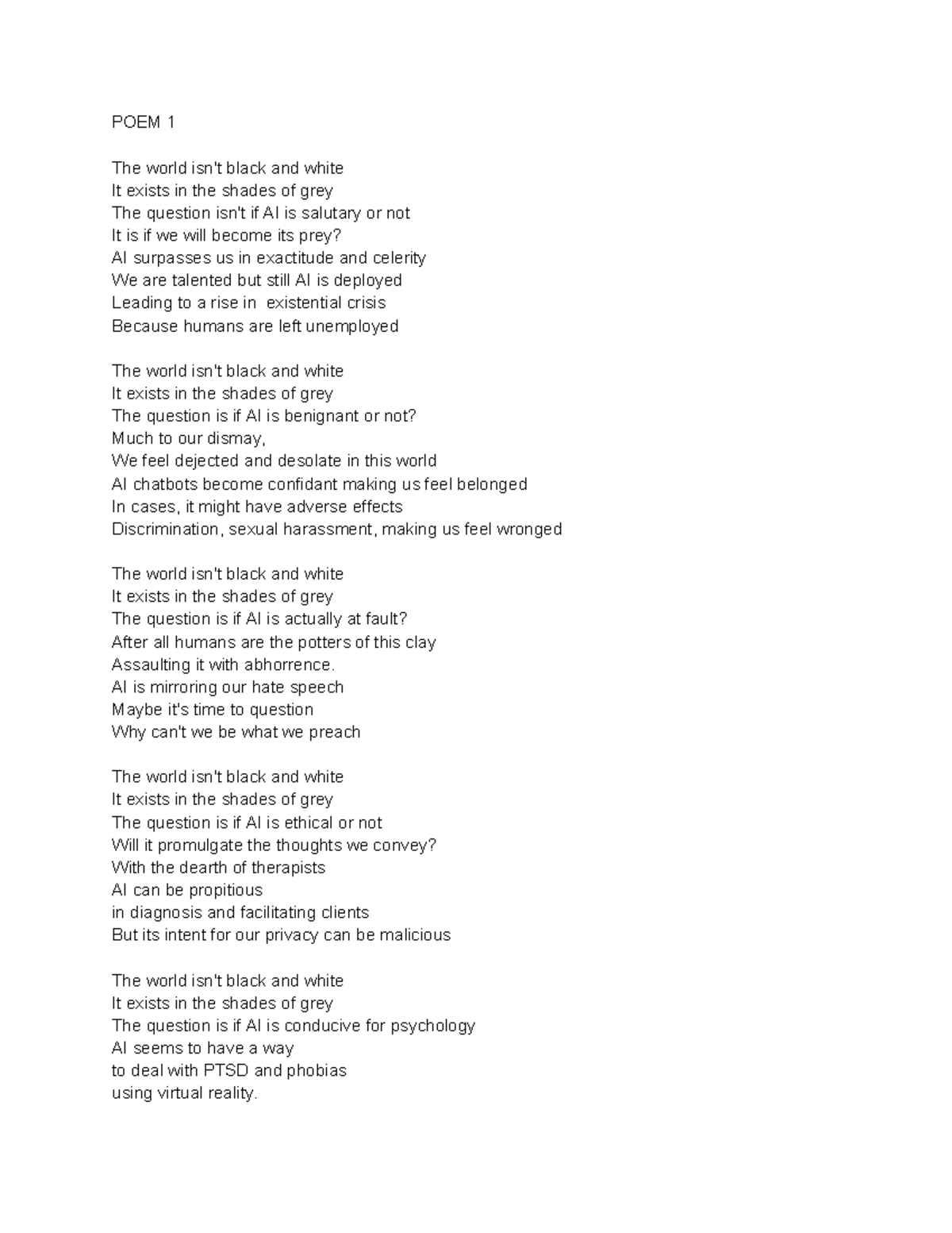 literature ai practice - POEM 1 The world isn't black and white It ...