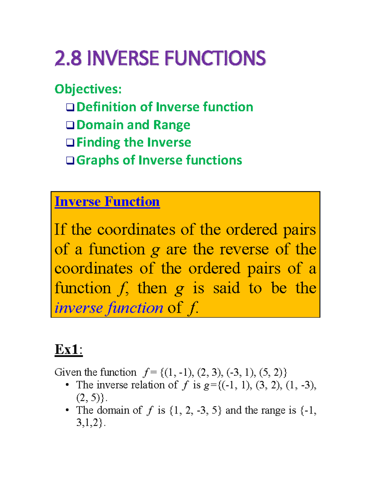 2 - Mathematics002 - 2. 8 INVERSE FUNCTIONS Objectives: Definition of ...