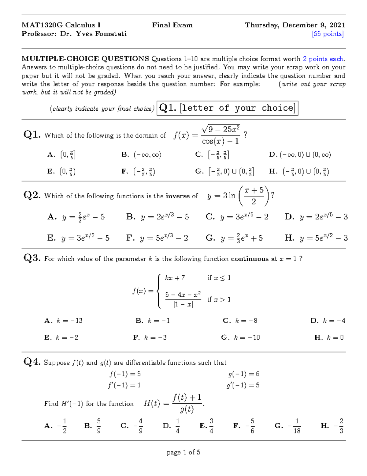 Mat1320 Final Exam 20219 - MAT1320G Calculus I Final Exam Thursday ...