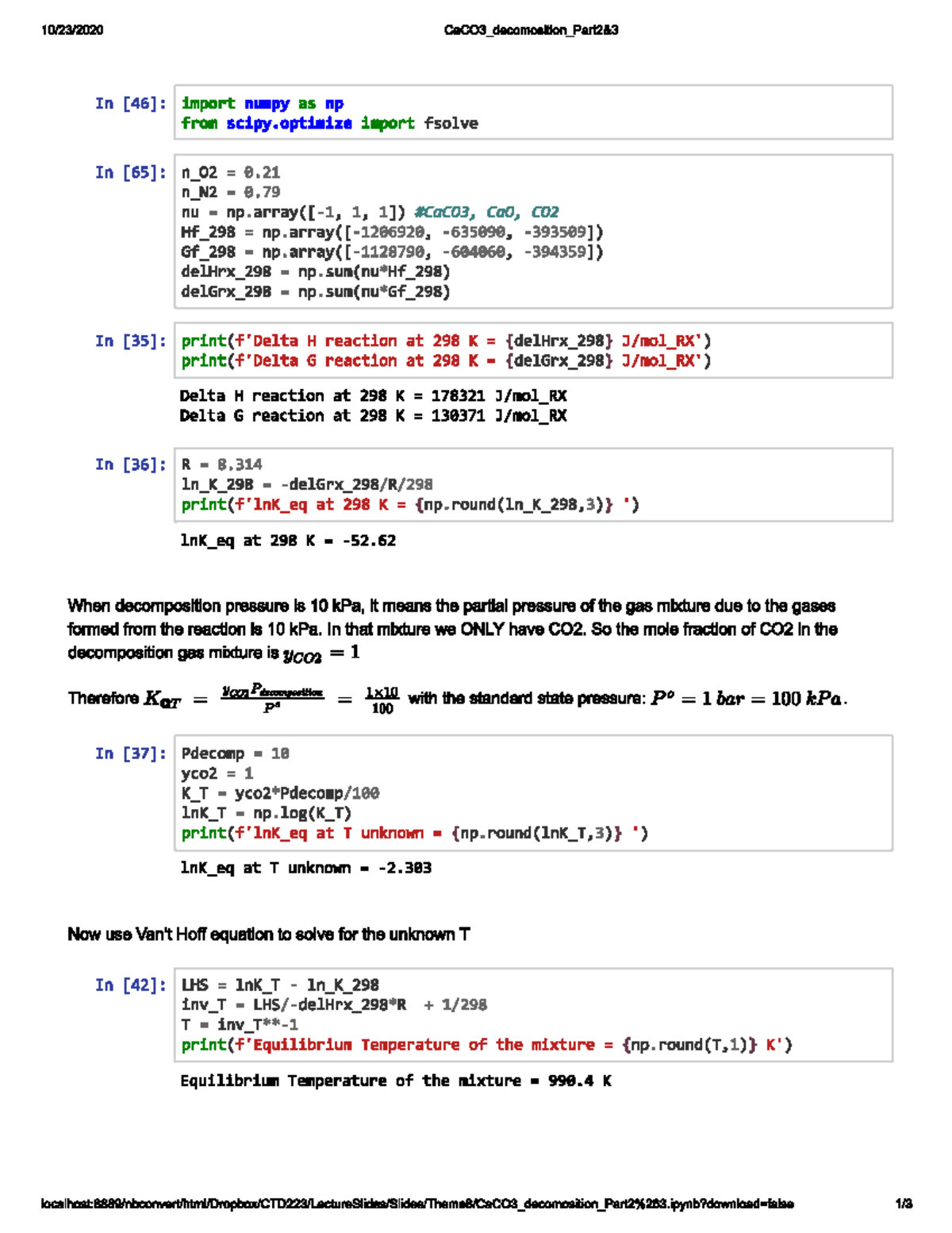 Ca CO3 decomposition notebook pdf - In import numpy as np from scipy ...
