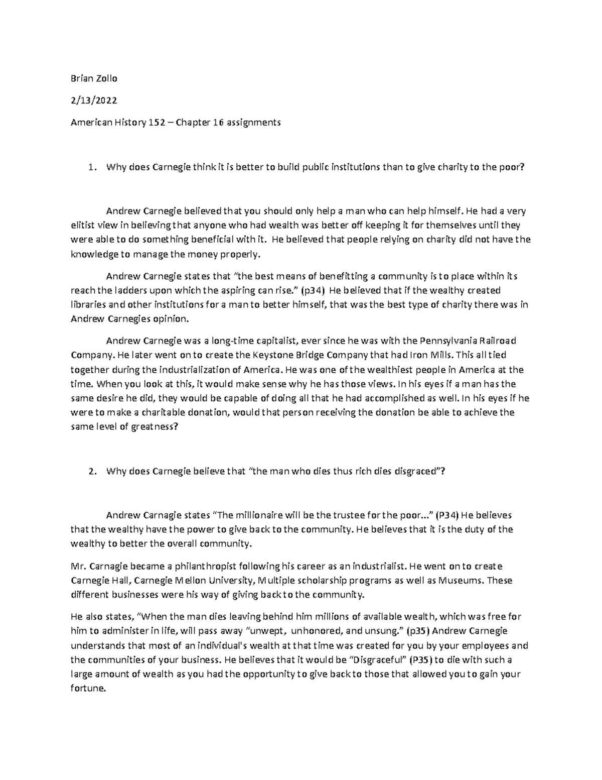 American History assignment 2 - Brian Zollo 2/13/ American History 152 ...