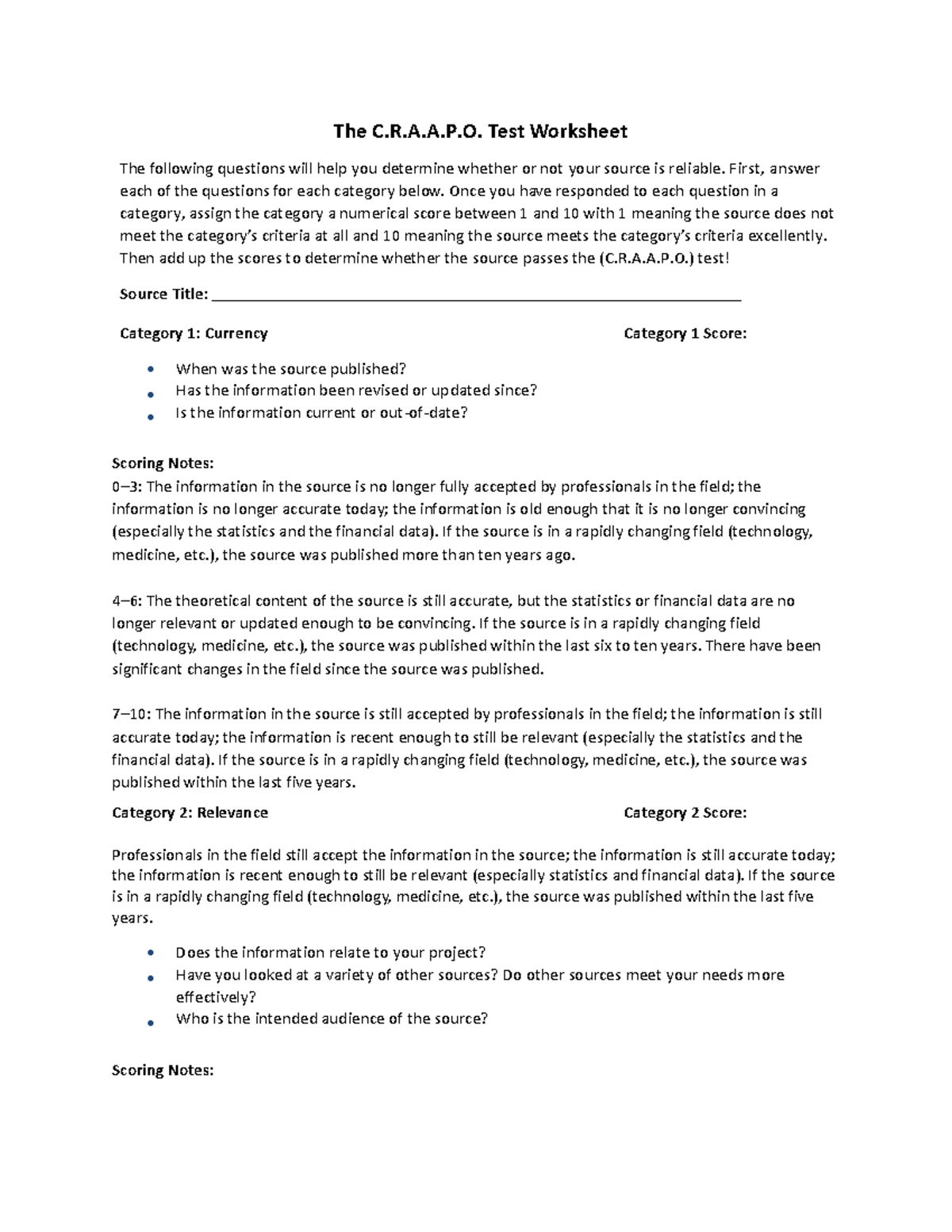 ENG 123 C.R.A.A.P.O Test Worksheet - The C.R.A.A.P. Test Worksheet The ...