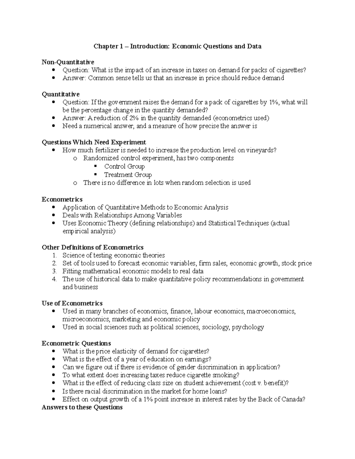 Chapter 1 Econometrics Chapter 1 Introduction Economic Questions
