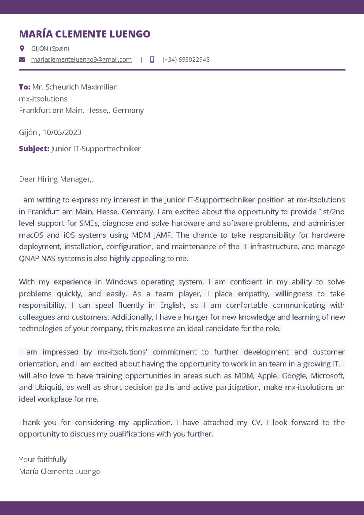 Cv germany - Fol - MARÍA CLEMENTE LUENGO To: Mr. Scheurich Maximilian mx-itsolutions Frankfurt ...