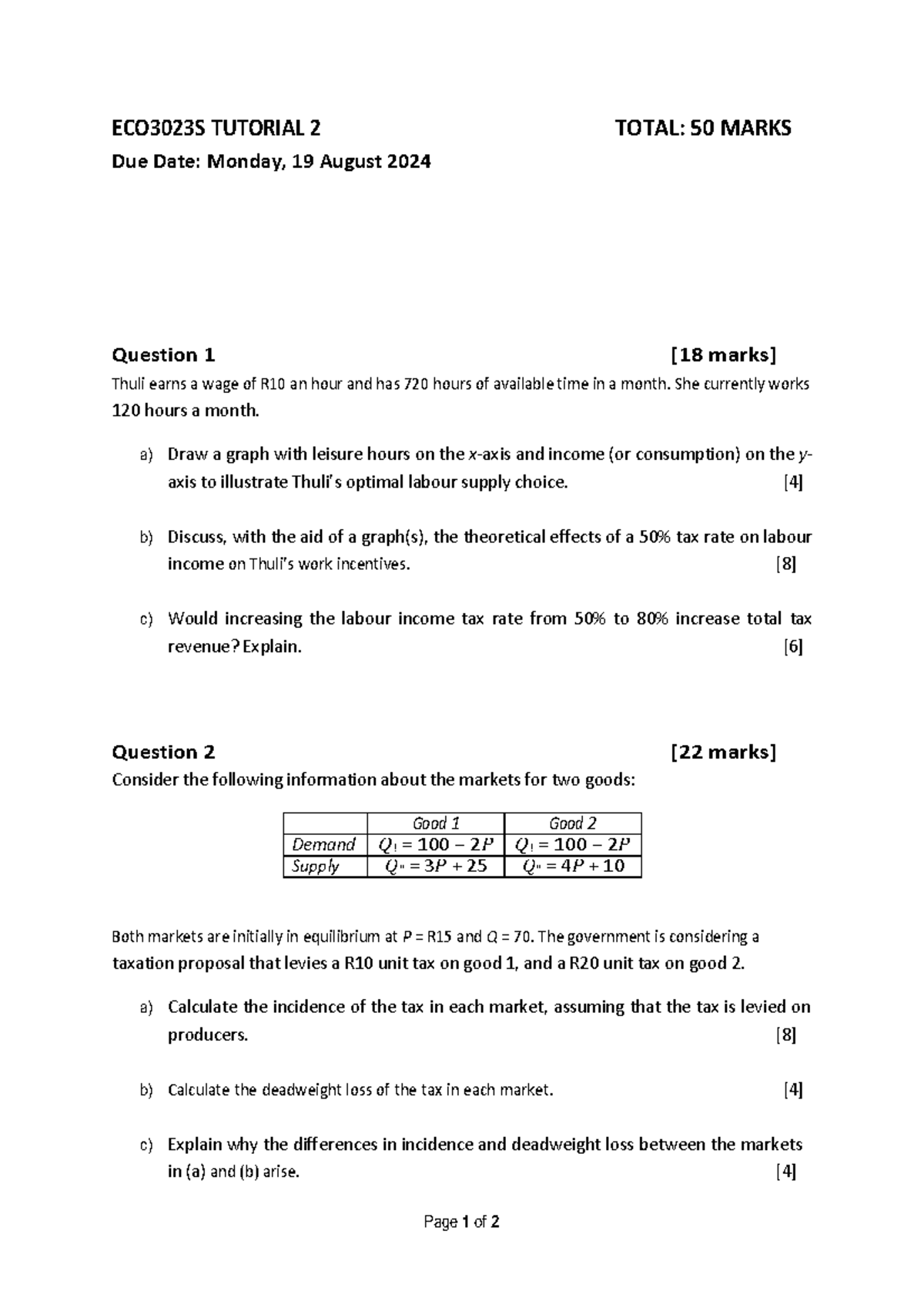 Tutorial 2 - Tut 2 - Page 1 of 2 ECO3023S TUTORIAL 2 TOTAL: 50 MARKS Due Date: Monday, 1 9 ...
