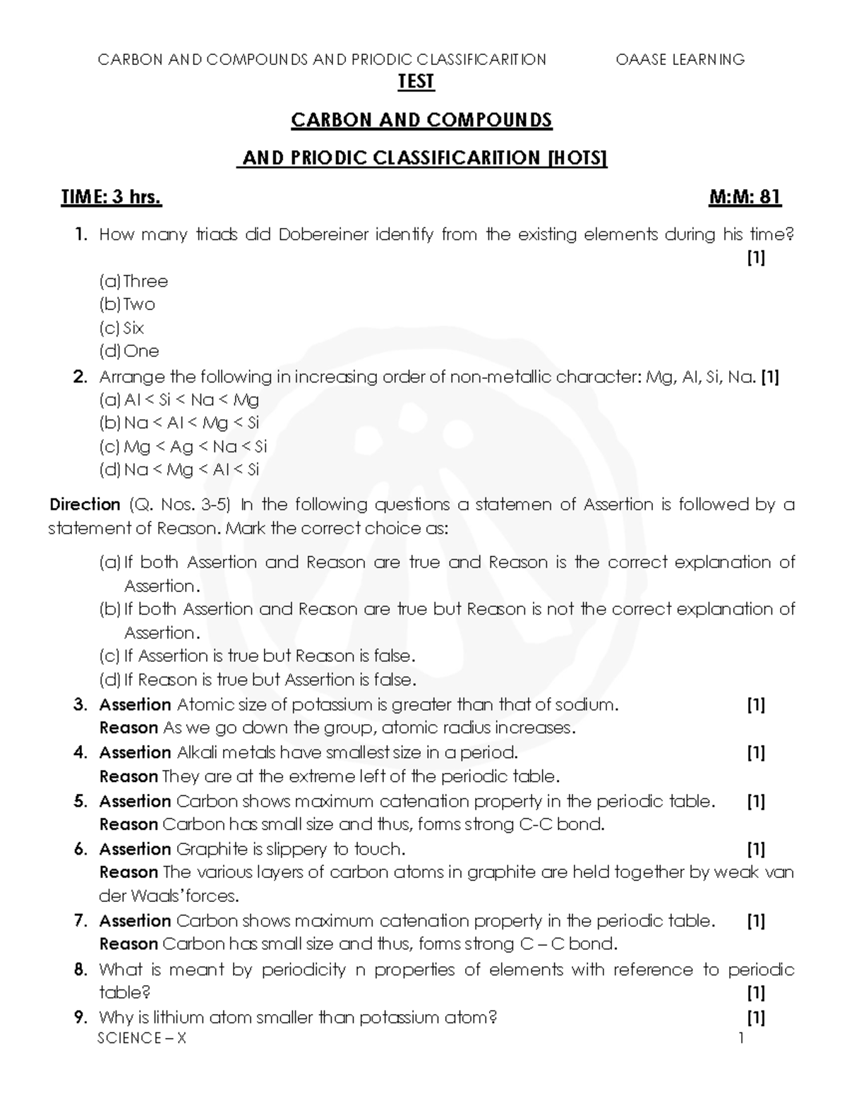 TEST Carbon AND Compounds AND Priodic Classification (O - TEST CARBON ...