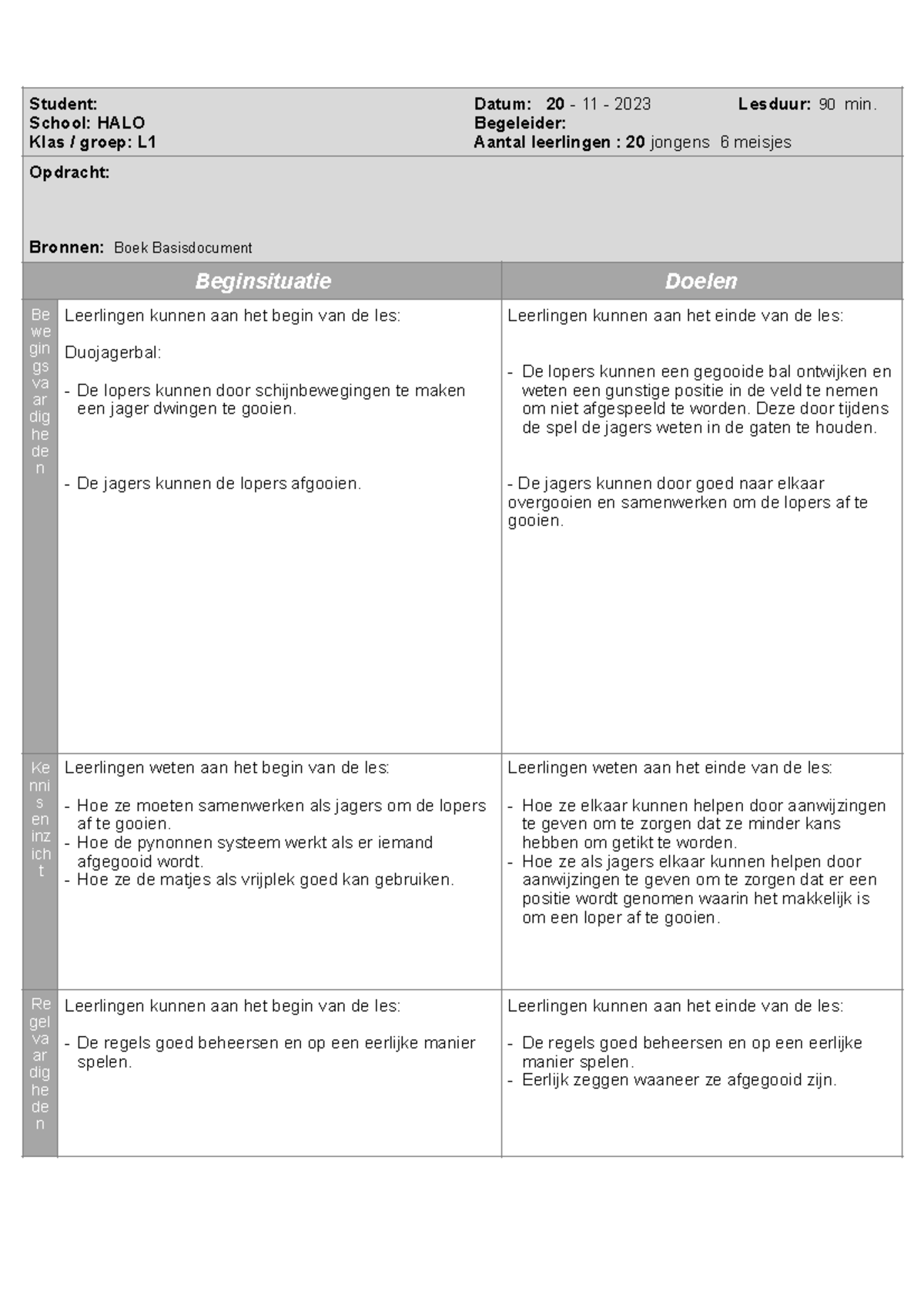 LVBF Bols Duo Jagerbal up - Student: Datum: 20 - 11 - 2023 Lesduur: 90 ...