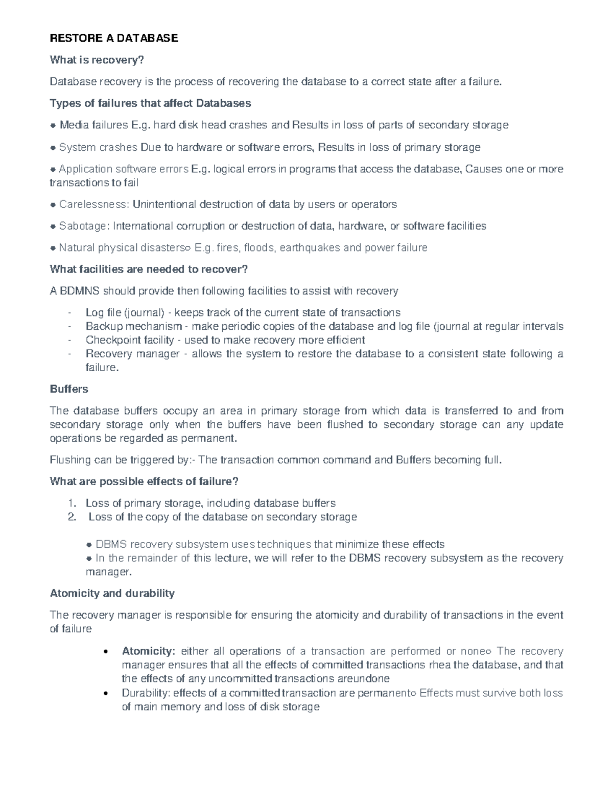 Restore Database - RESTORE A DATABASE What is recovery? Database ...