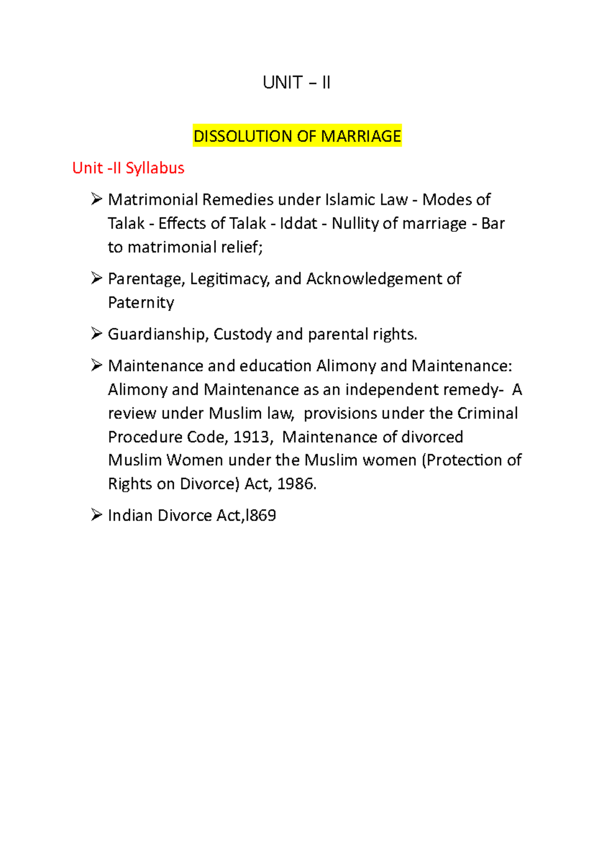 Family Law II - UNIT II Notes - UNIT – II DISSOLUTION OF MARRIAGE Unit ...