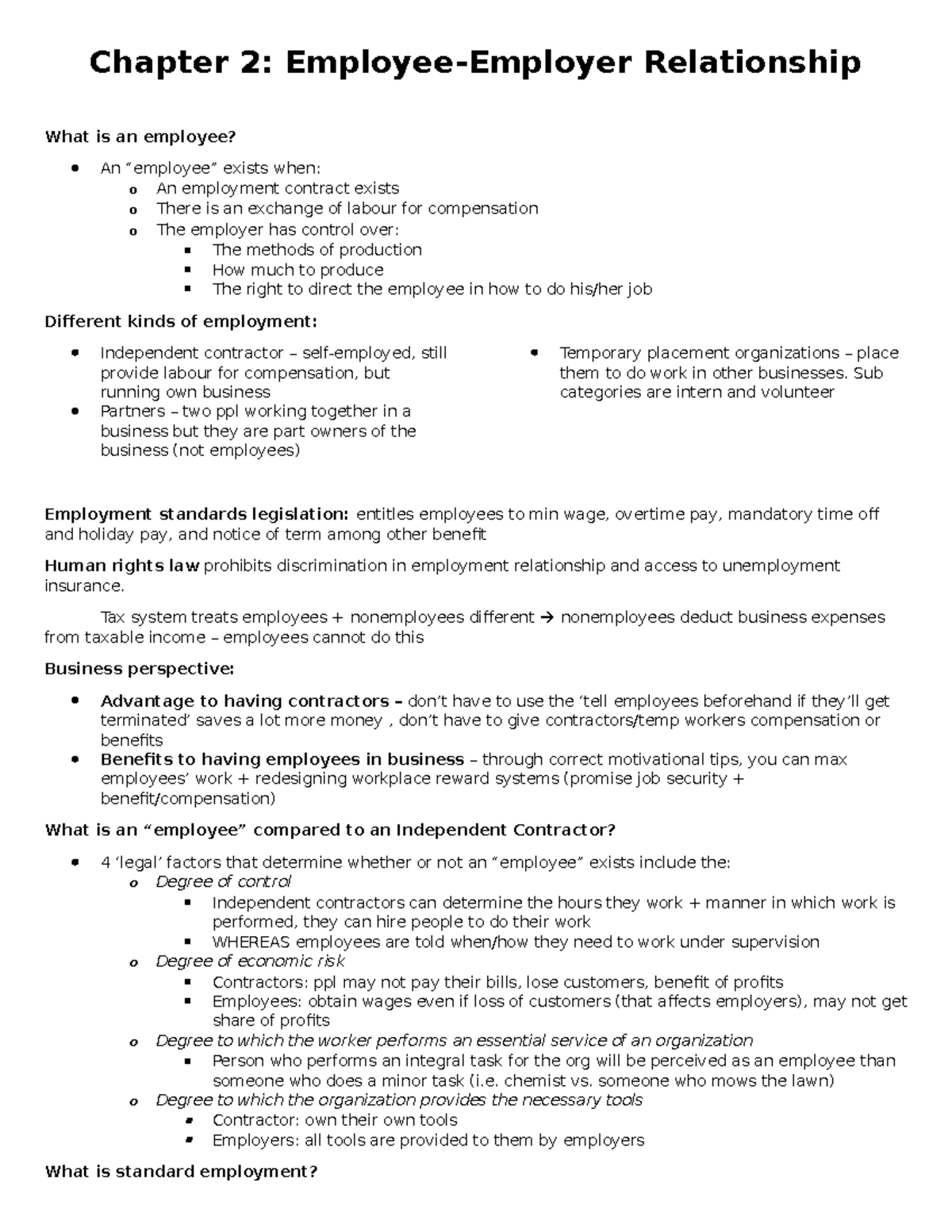 Lecture notes, chapter 2 employer employee relationship - Chapter 2 ...