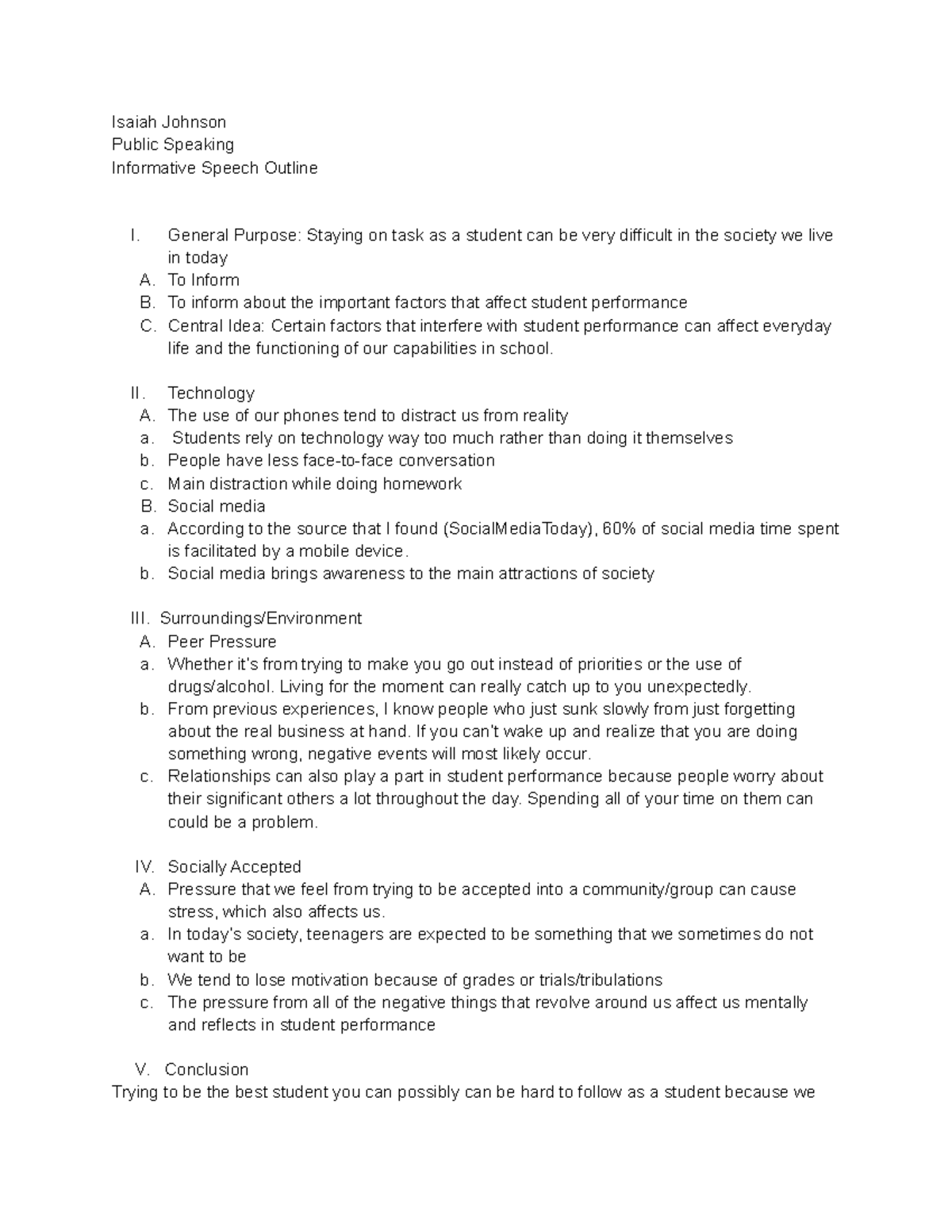 Informative Outline - Isaiah Johnson Public Speaking Informative Speech ...