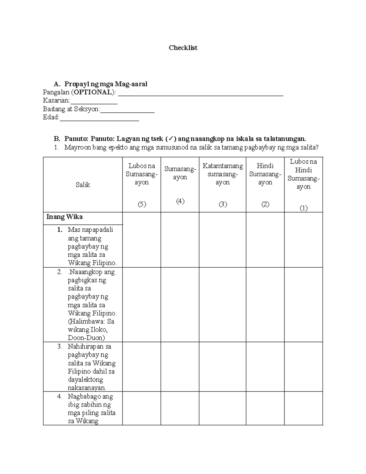 Questionnaire - ... - Checklist A. Propayl ng mga Mag-aaral Pangalan ...