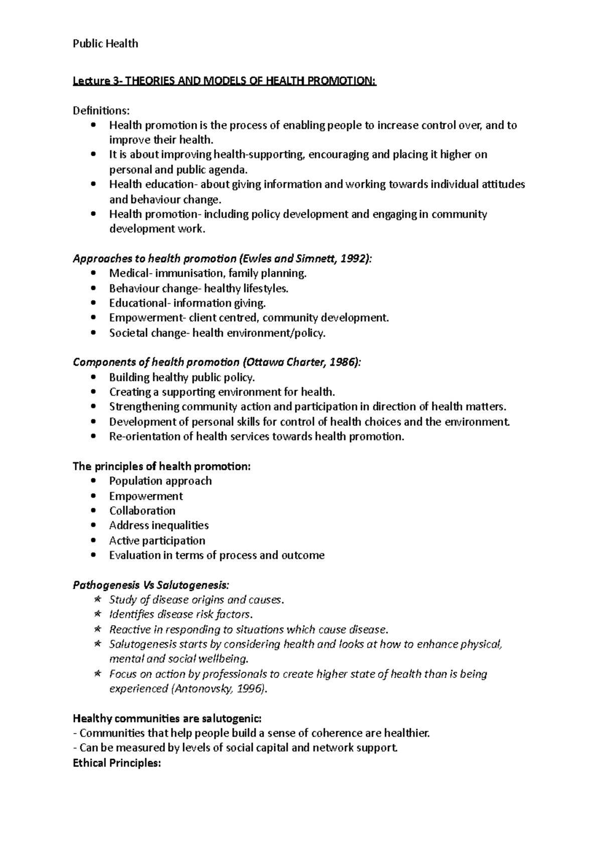 Health Promotion- Public Health - Public Health Lecture 3- THEORIES AND ...