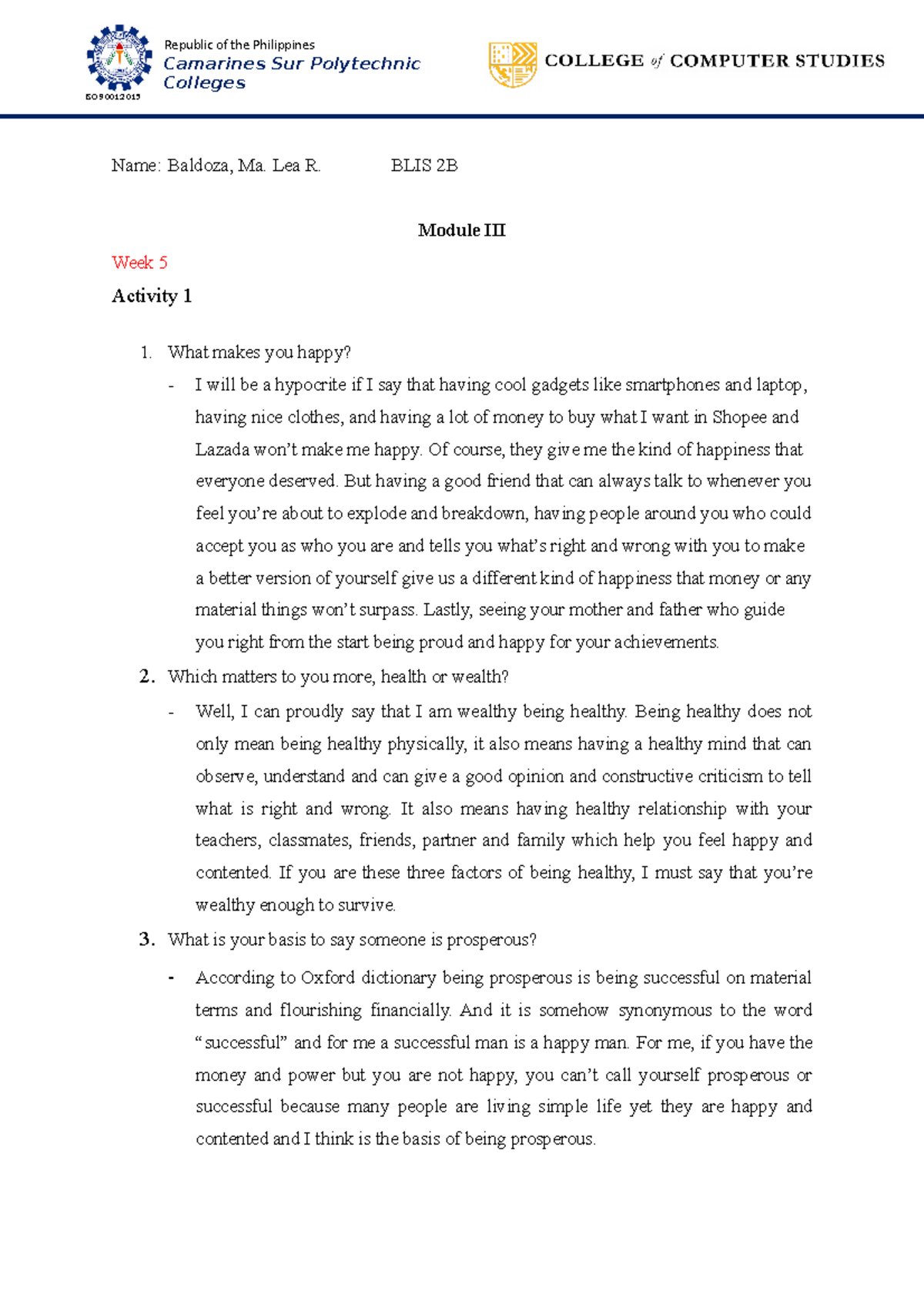 Module 3 - None - Name: Baldoza, Ma. Lea R. BLIS 2B Module III Week 5 ...