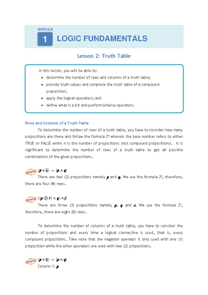 Module 1 Lesson 3 - Lesson 3: Applications of Propositional Logic Introduction Logic has many ...