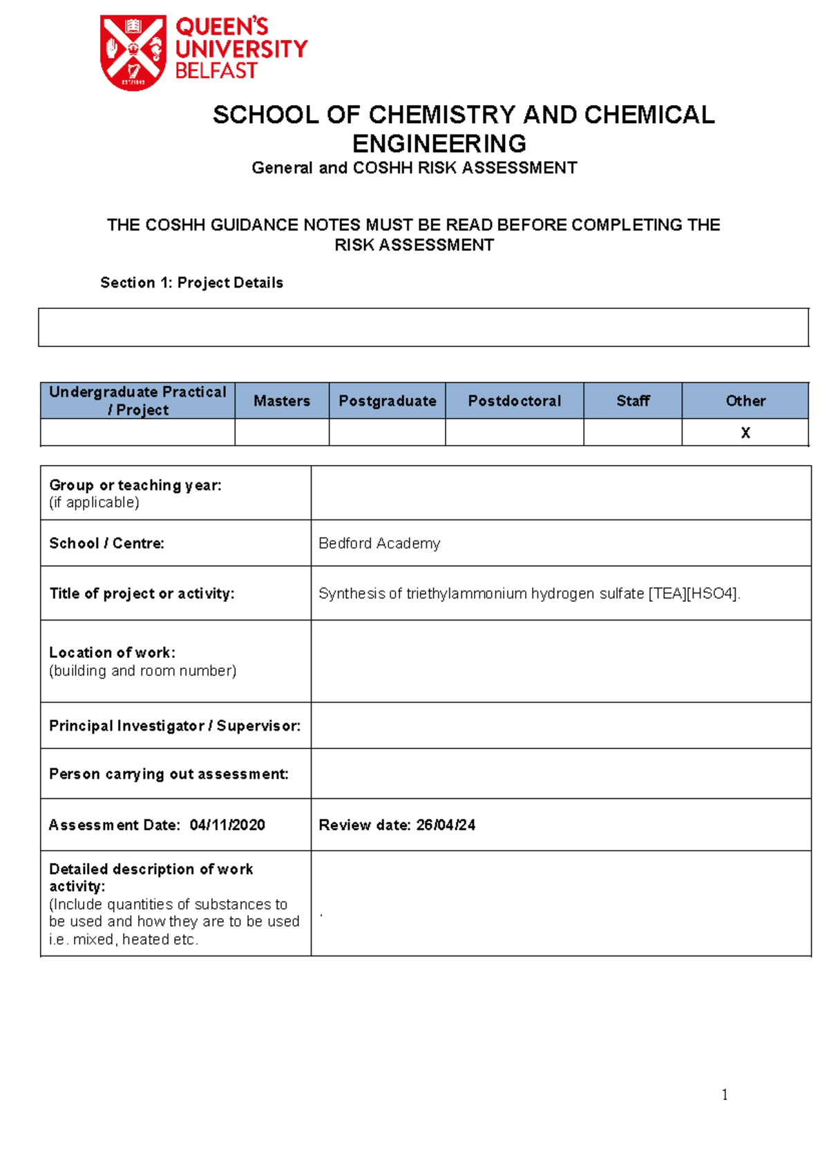 Template Coshh form for outreach - SCHOOL OF CHEMISTRY AND CHEMICAL ...
