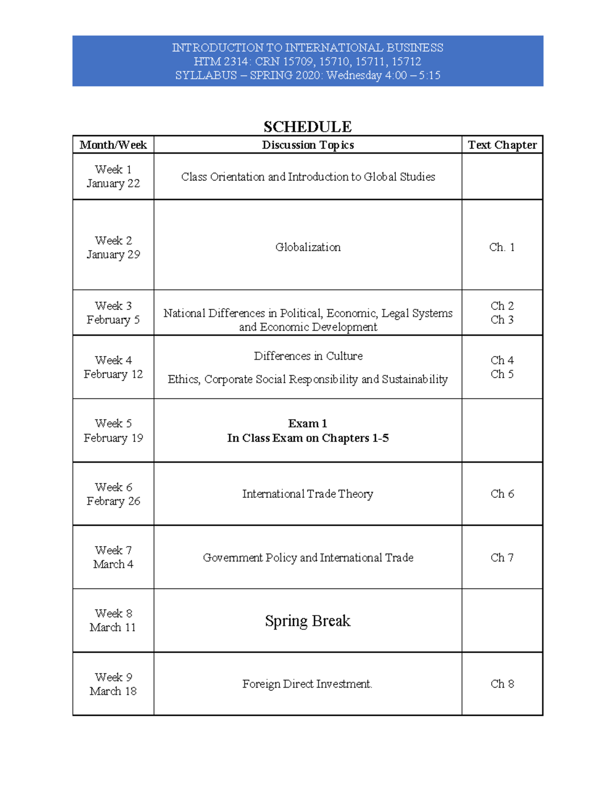 HTM 2314 IB Schedule Spring 2020 sfeigenb - INTRODUCTION TO ...
