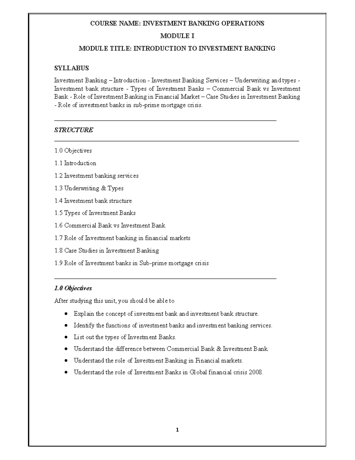 Module I - Introduction to Investment banking V-1 - MODULE I MODULE ...