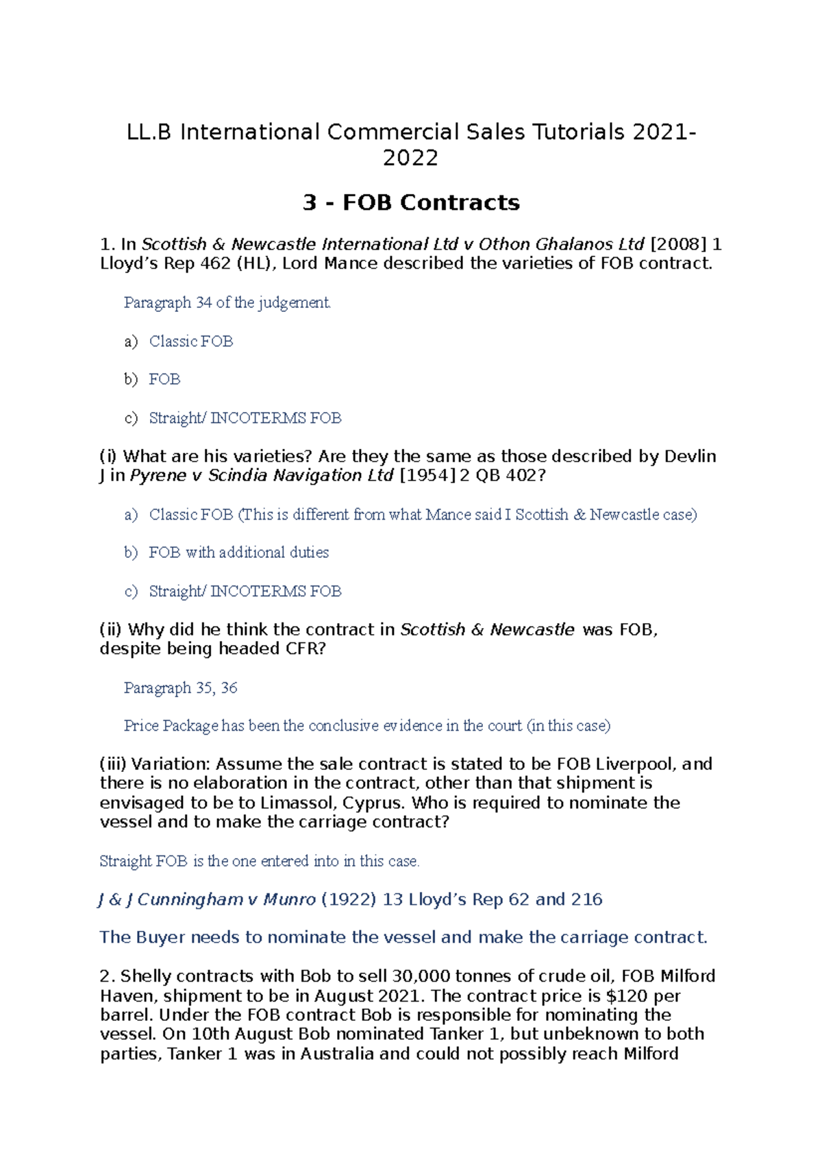 Tutorial 3, International Commercial Sales (FOB Contracts) - LL ...