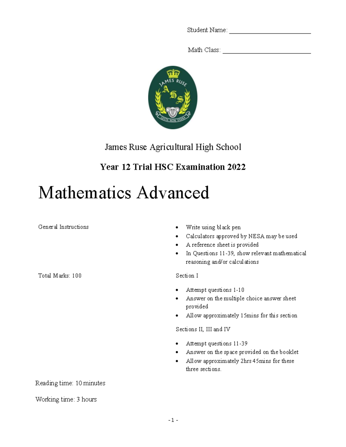 James ruse Advanced Maths Trial paper 2022 - Student Name ...