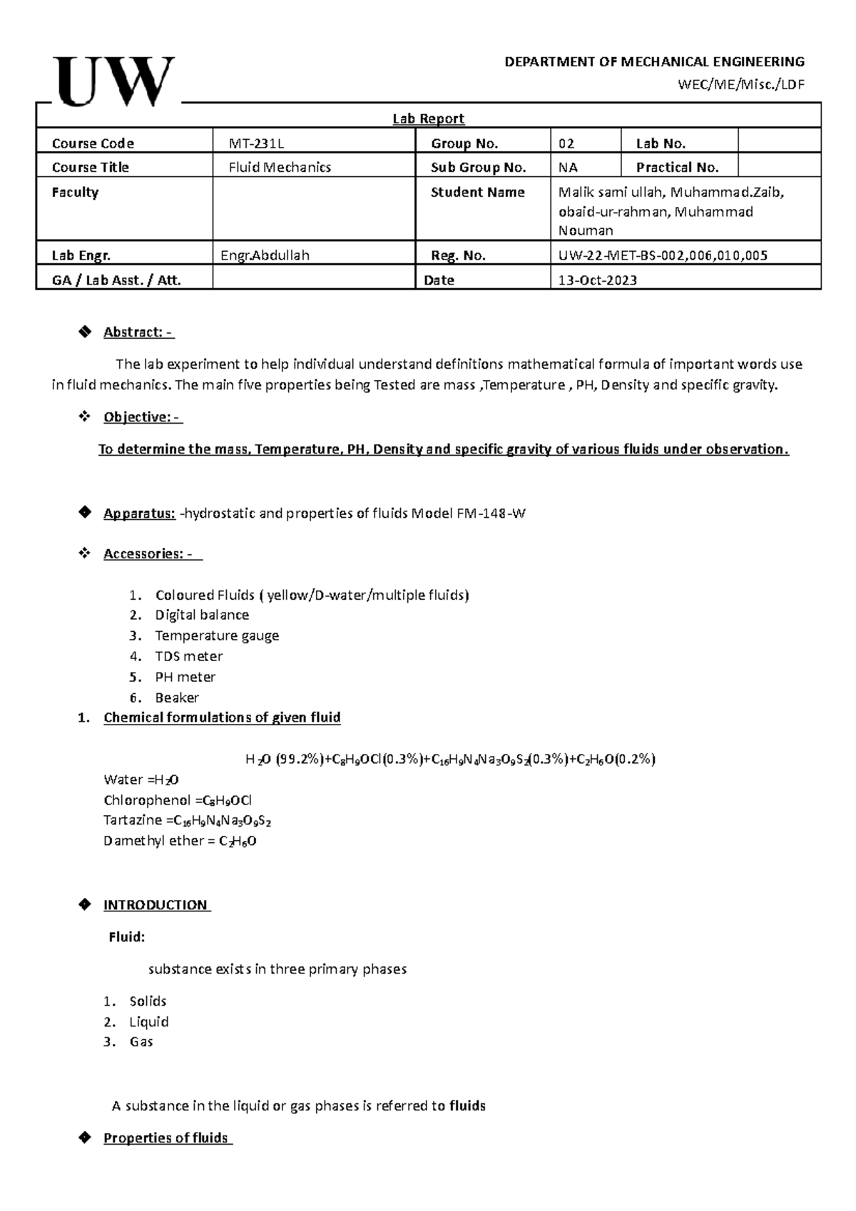 FM lab 1 - a complete lab manual of fluid mechanics - DEPARTMENT OF ...
