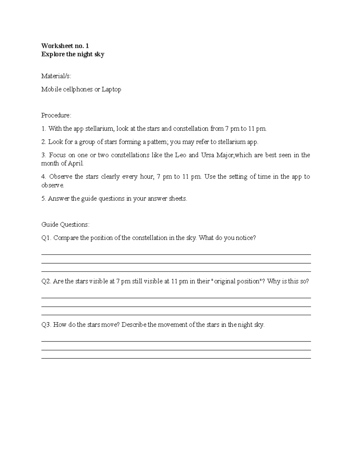 Worksheet 1 - Experiment - Worksheet no. 1 Explore the night sky ...