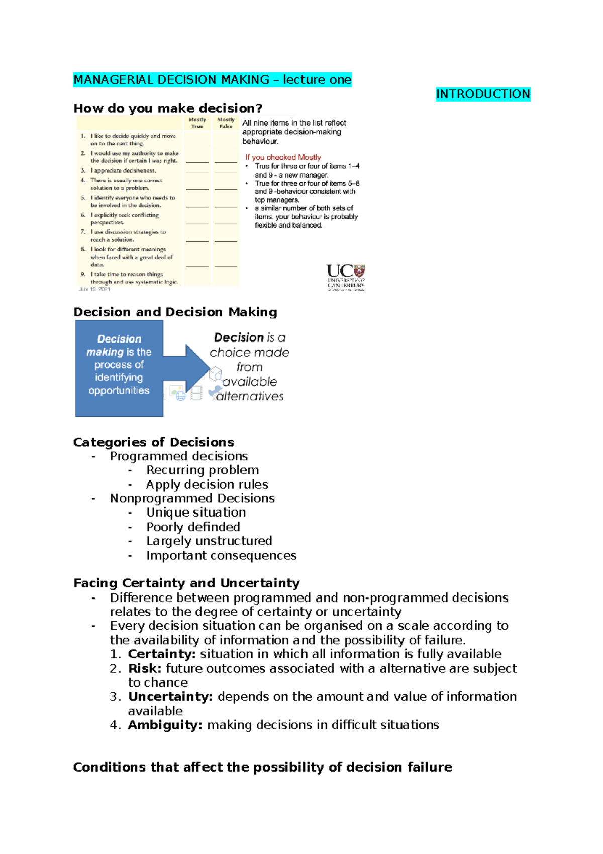 MGMT 170 - Lecture notes for coursework and assignment highlighted and ...