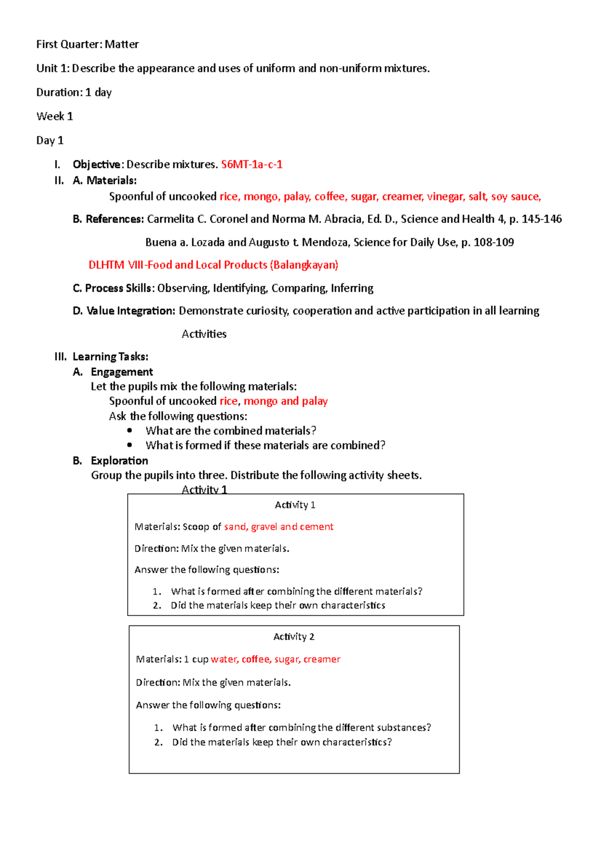Science 1ST and 2nd Quarter - First Quarter: Matter Unit 1: Describe ...